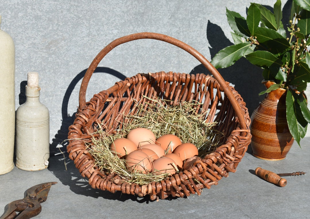 French Rustic Wicker Basket, Primitive Trad Small Chunky Mushroom or ...