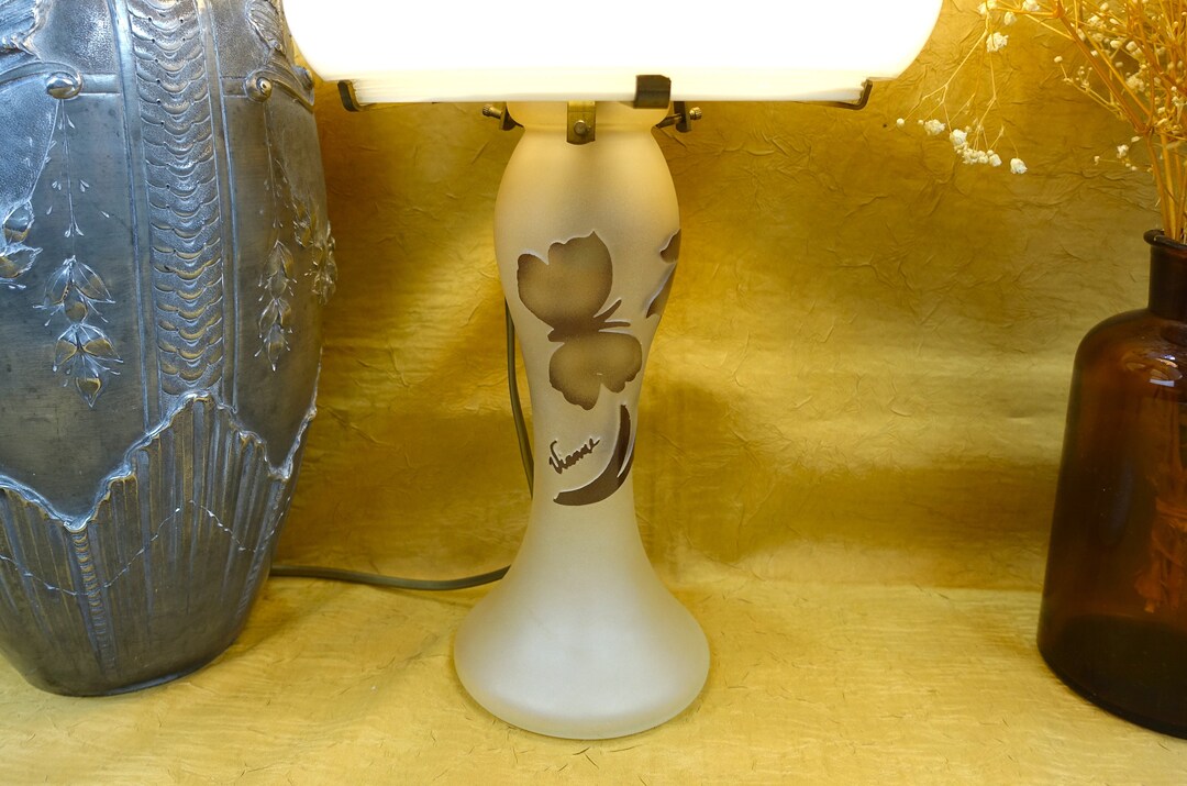 Vianne French Glass Lamp Base: Etched Butterfly Floral Decor, 1930s/40s ...