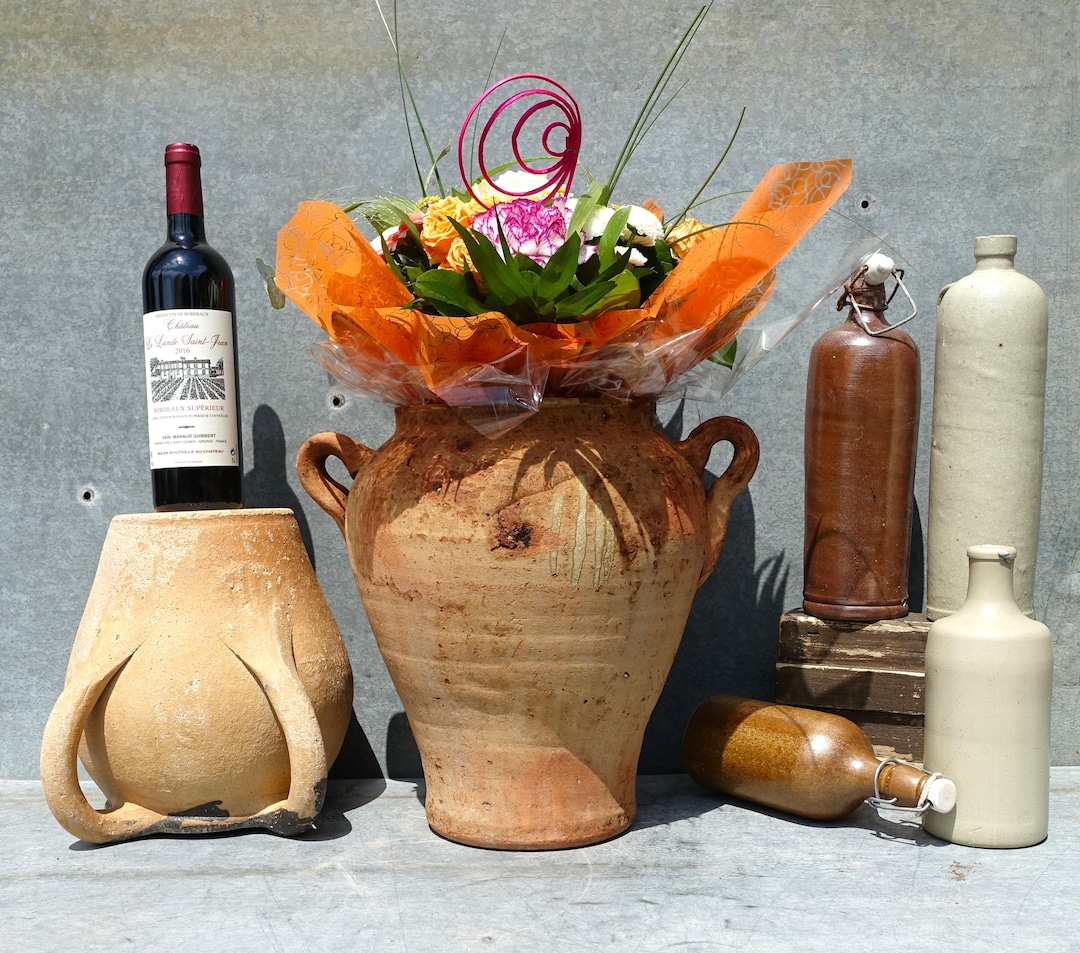 1800's French LARGE Rare Clay Confit Pot, Unusual Beautiful Part Glazed ...