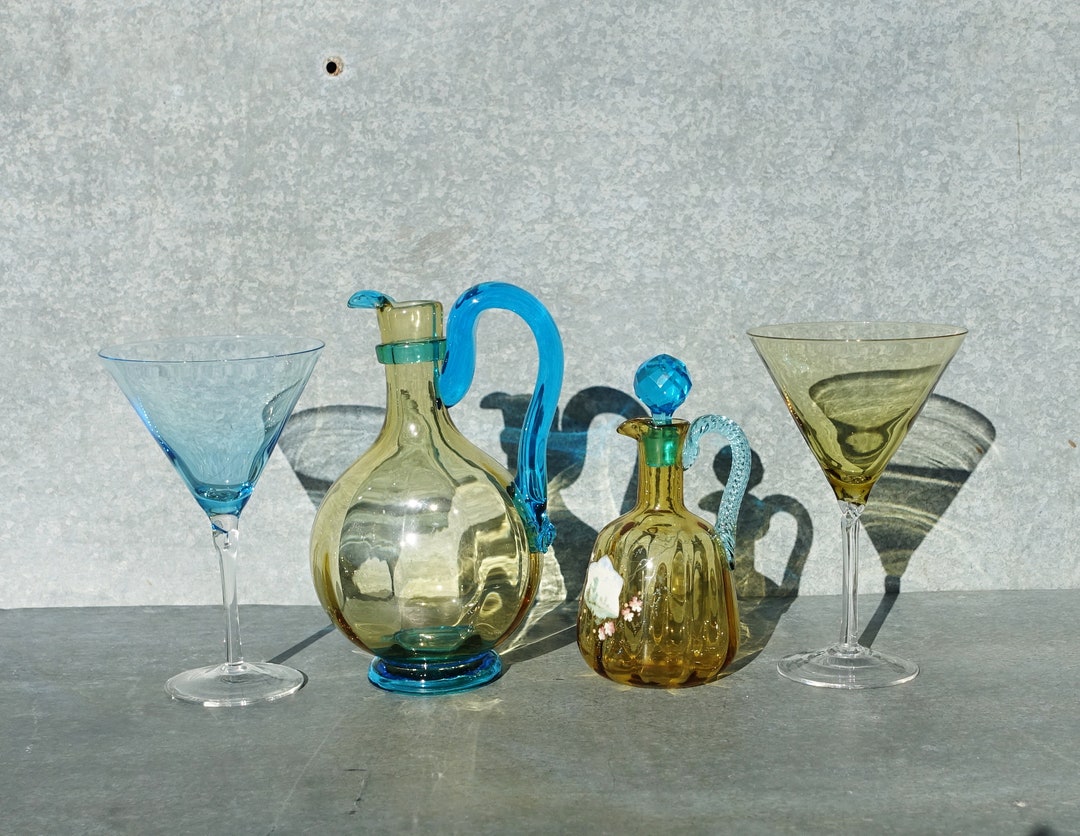 Antique French Blue & Amber Glass Collection, 2 Decanters Hand Blown ...