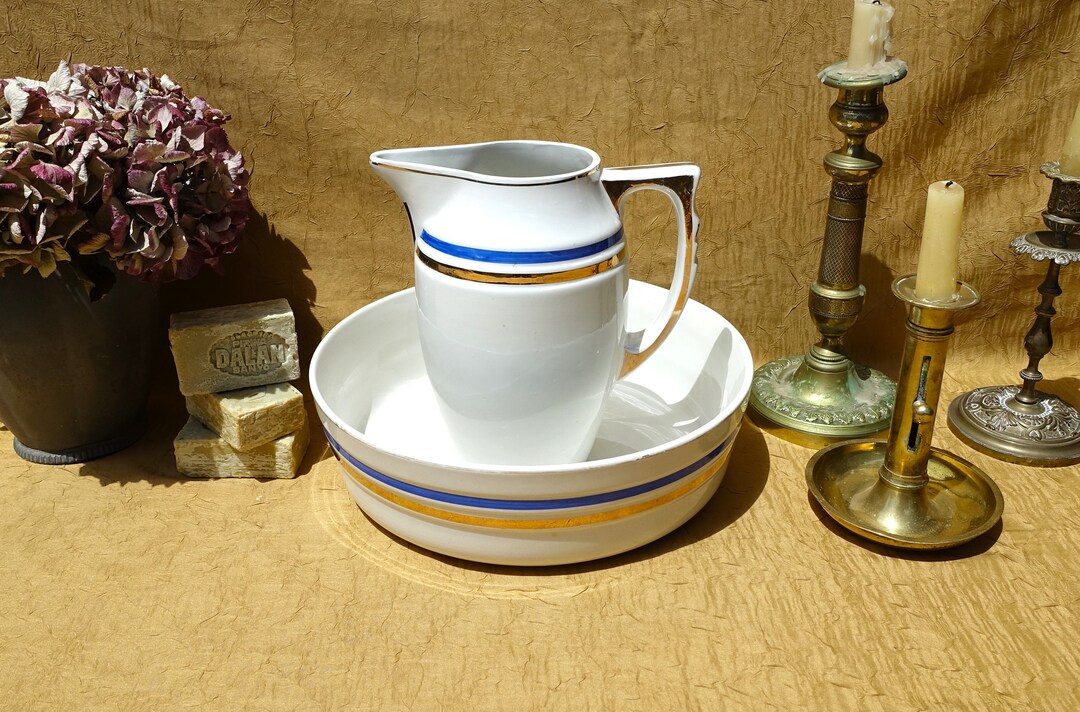 French Stoneware Two Piece Wash Set, Saint Amand Les Eaux Jug and Bowl ...