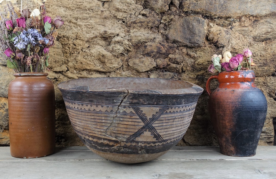 Beautiful Hand Carved Bowl, African Poker Work Bowl, 16 1/2" Wooden ...