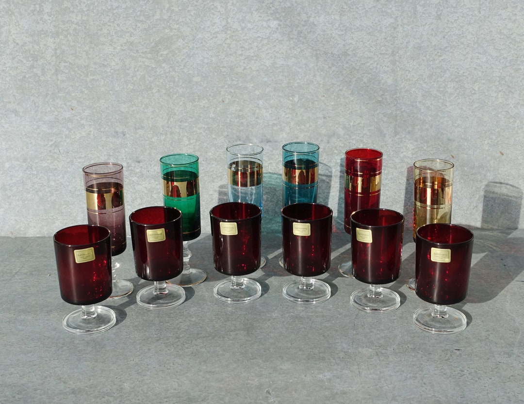 Set Of 12 Coloured Drinking Glasses 6 Luminarc Ruby Port Glasses Plus 6 Multicoloured Bohomian