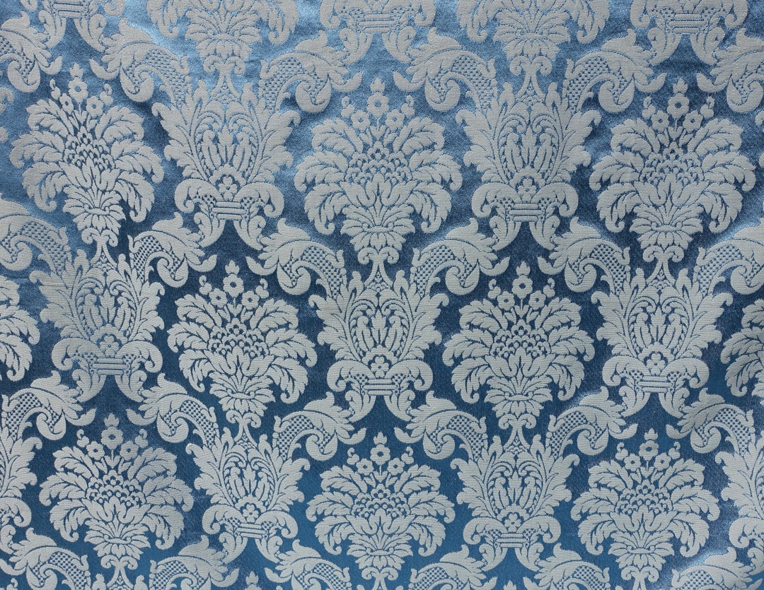1950s Yards French Damask Fabric, Gorgeous Silky Heavy Sky Blue & White ...
