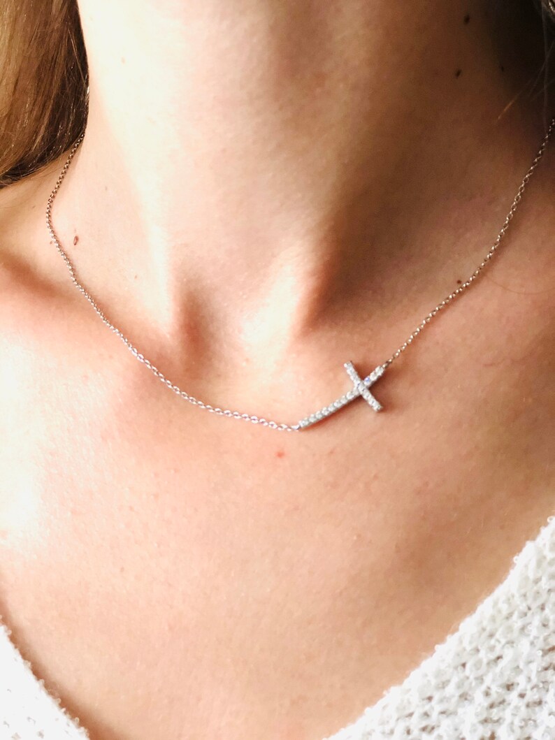 Silver Cross Necklace Women With Diamonds Small Cross - Etsy