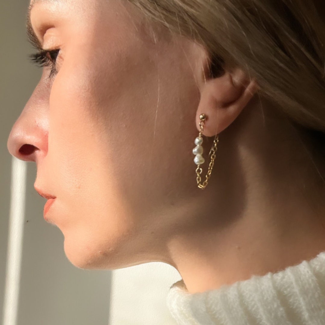 Pearl Chain Earrings, 14K Gold Filled Tiny Pearl Earrings, Dangle Chain ...