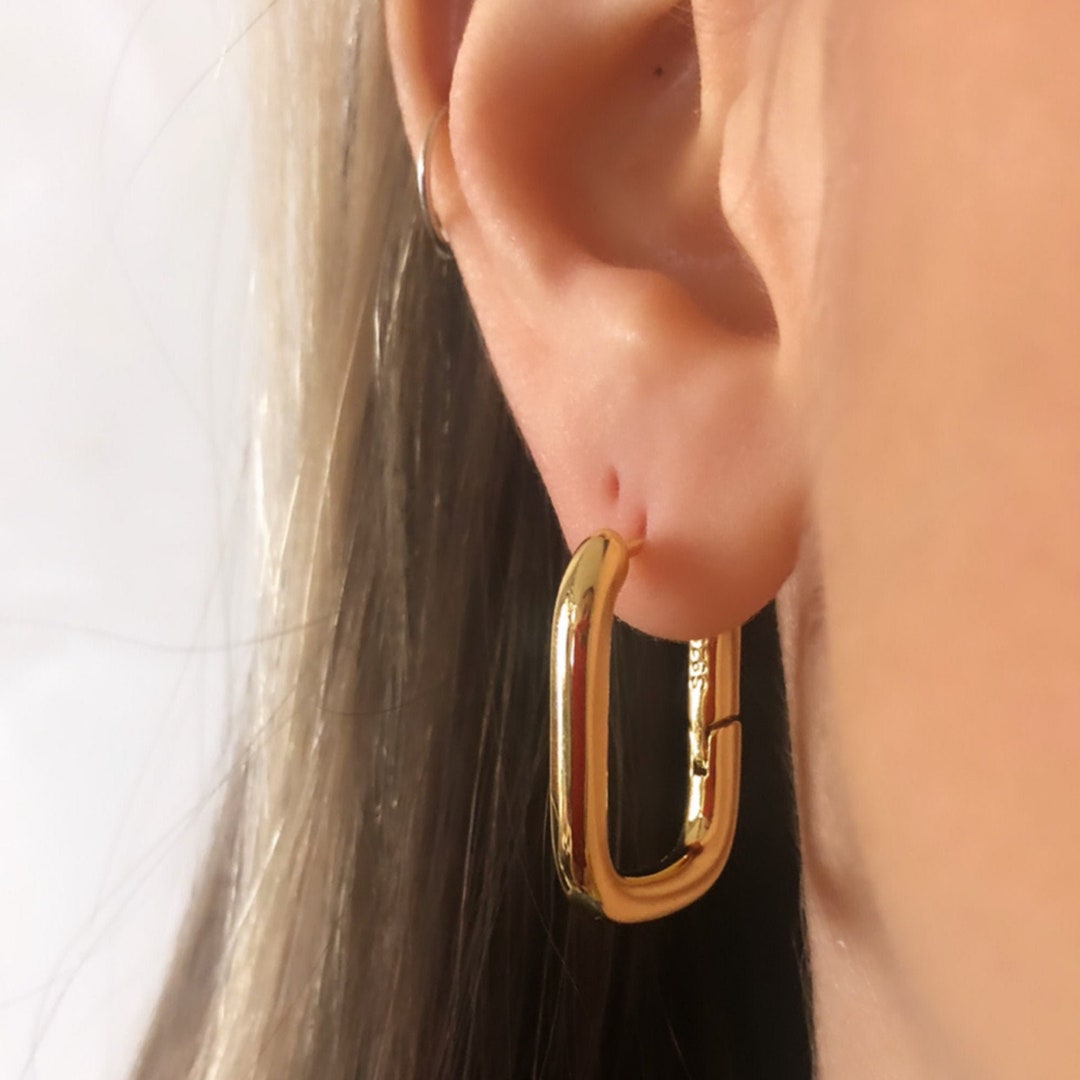 Gold Hoop Earrings, Rectangular Hoops, 14k Gold Filled Earrings, Square Chunky Hoops, Waterproof ...