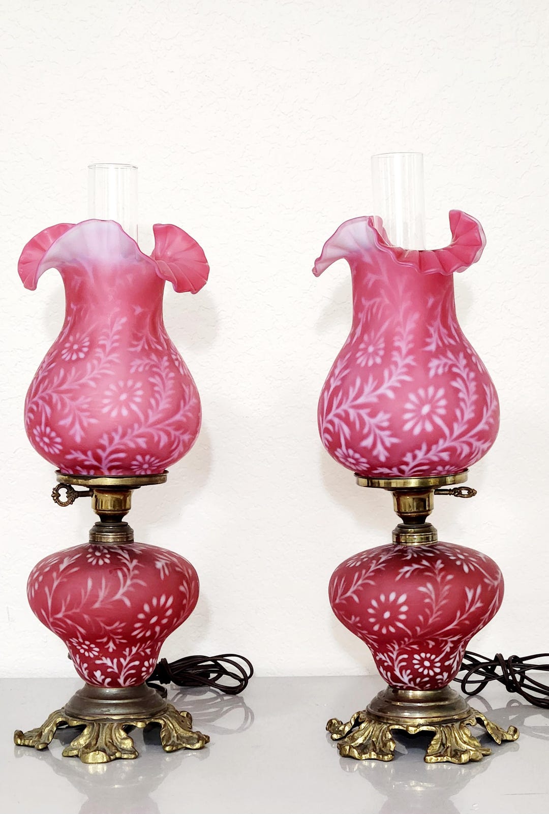 Vintage Fenton Cranberry Daisy & Fern Parlor Lamps A Pair - Etsy