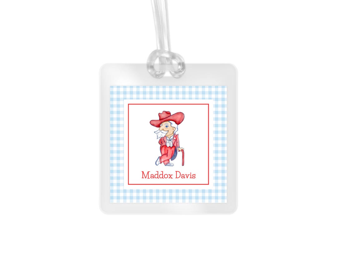 Blue Gingham Colonel Reb Personalized Bag Tag: Laminated Kids Backpack ...