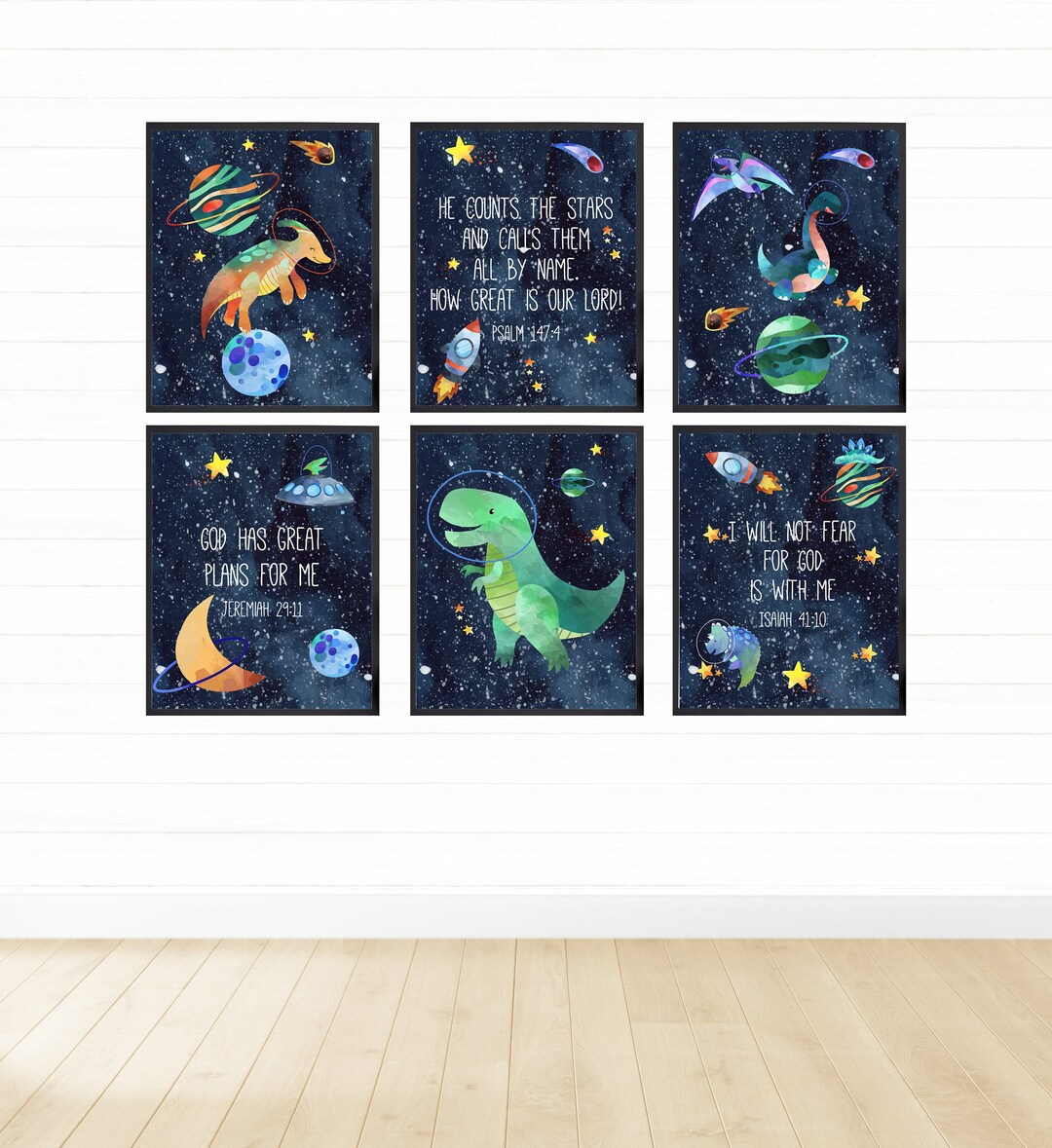 Dinosaurs in Outer Space Printable Wall Art With Bible Verses, Digital ...
