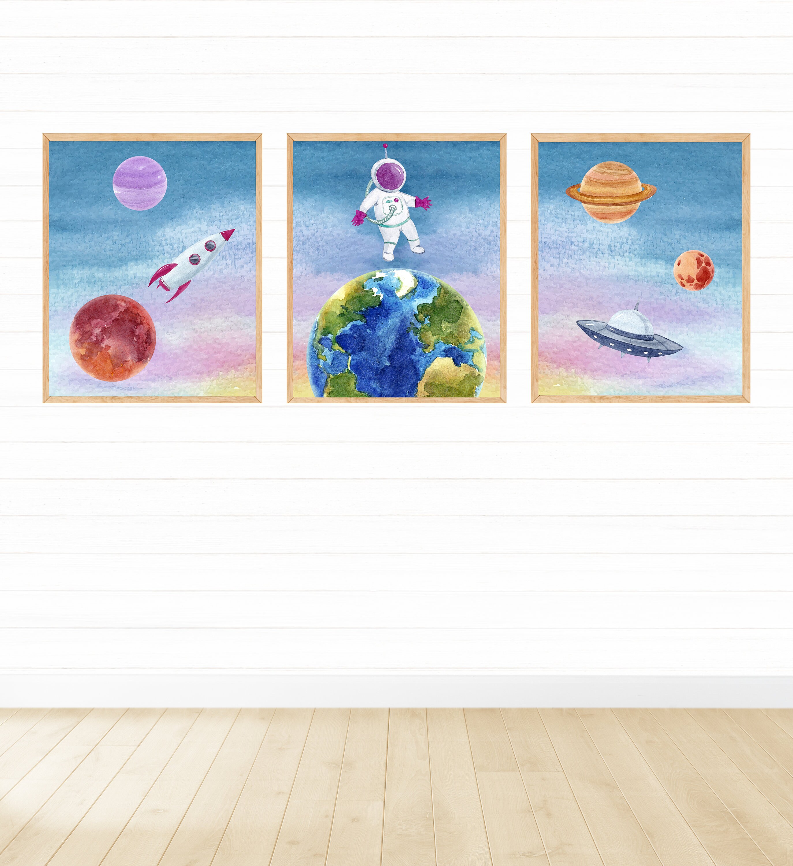 Girls Watercolor Outer Space Printable Wall Art Digital | Etsy