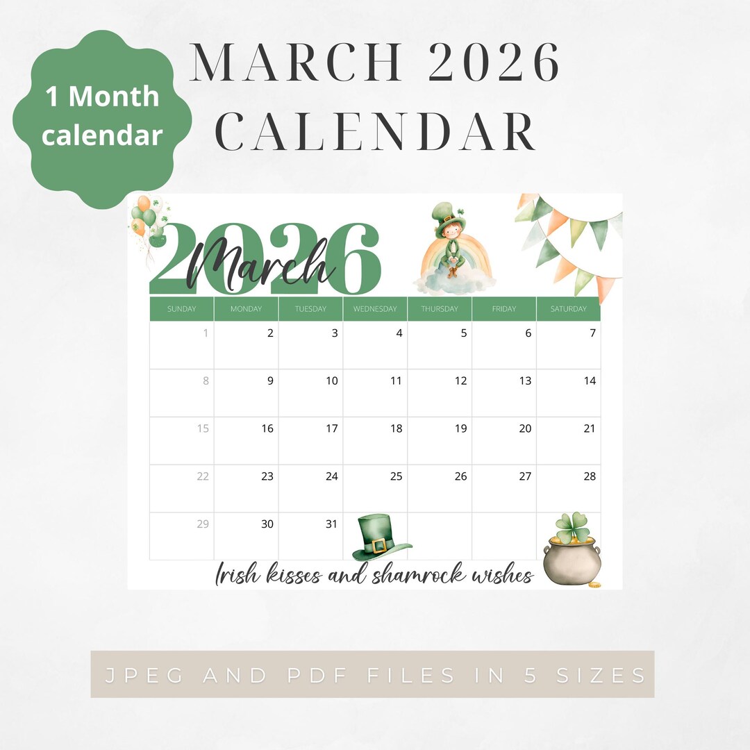 March 2026 Calendar, St Patricks Day Theme (digital Download) - Etsy UK