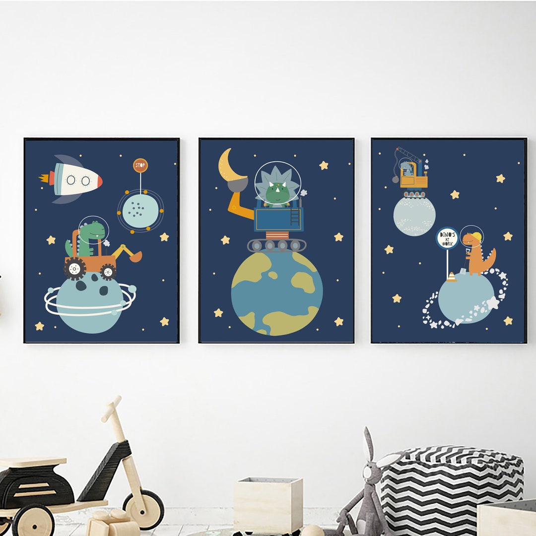 Construction Dinosaurs in Outer Space Printable Wall Art Set, Digital ...