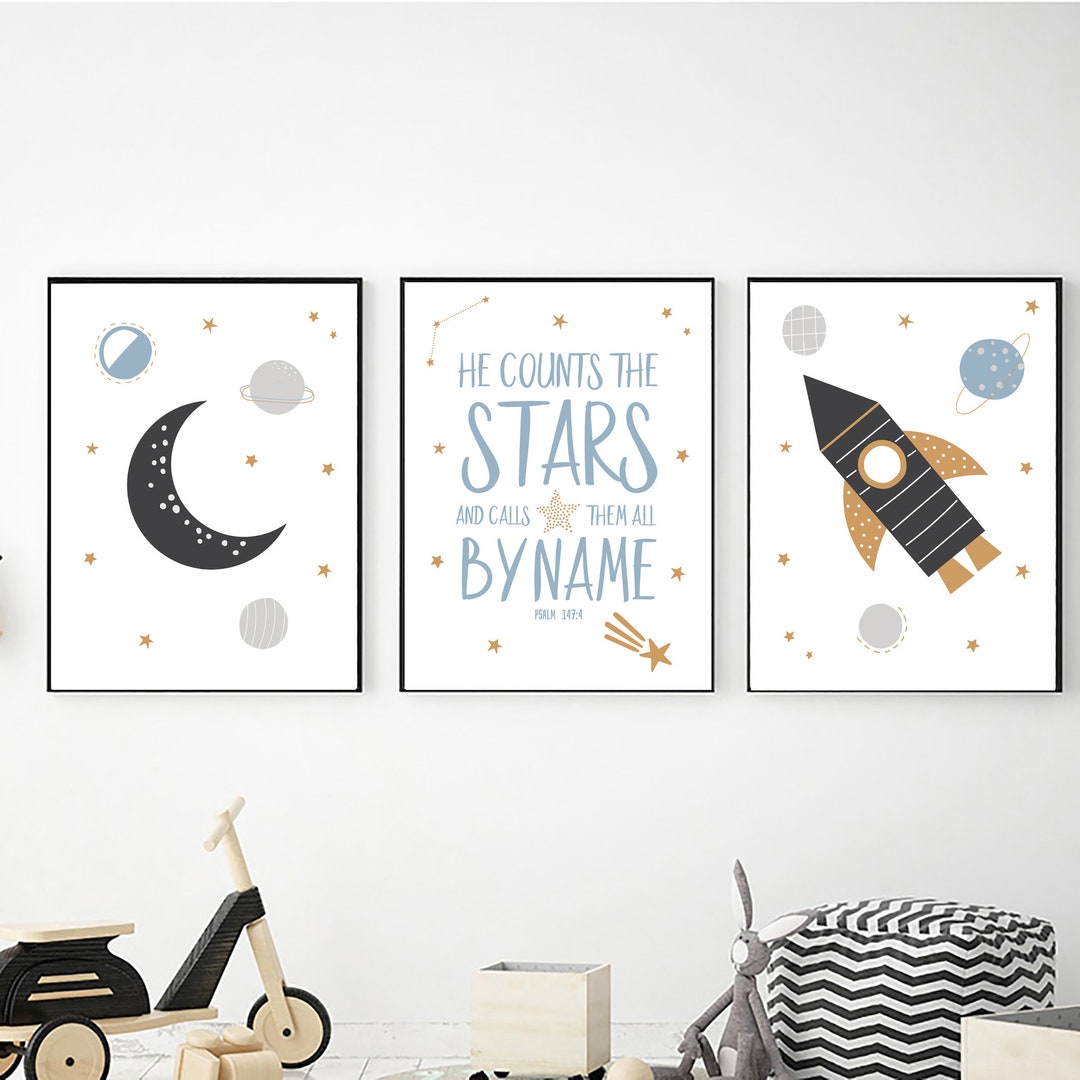 Outer Space Bible Verse Printable Wall Art, Digital Psalm 147:4 Nursery ...