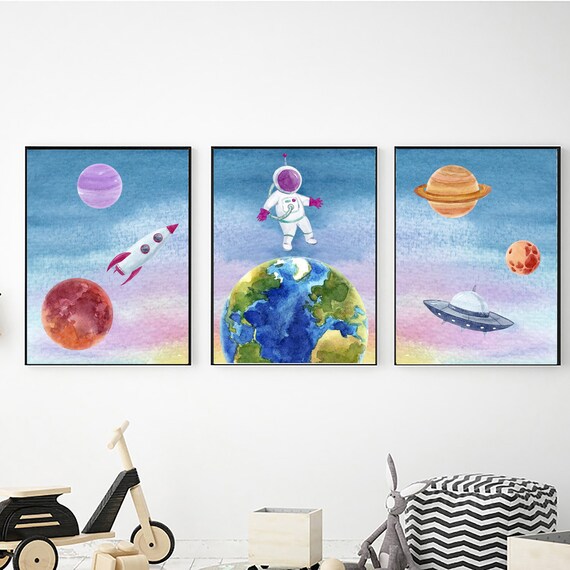 Girls Watercolor Outer Space Printable Wall Art Digital | Etsy