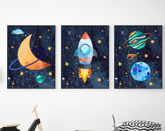 Set of 3 Watercolor Outer Space Wall Art Digital Download | Etsy