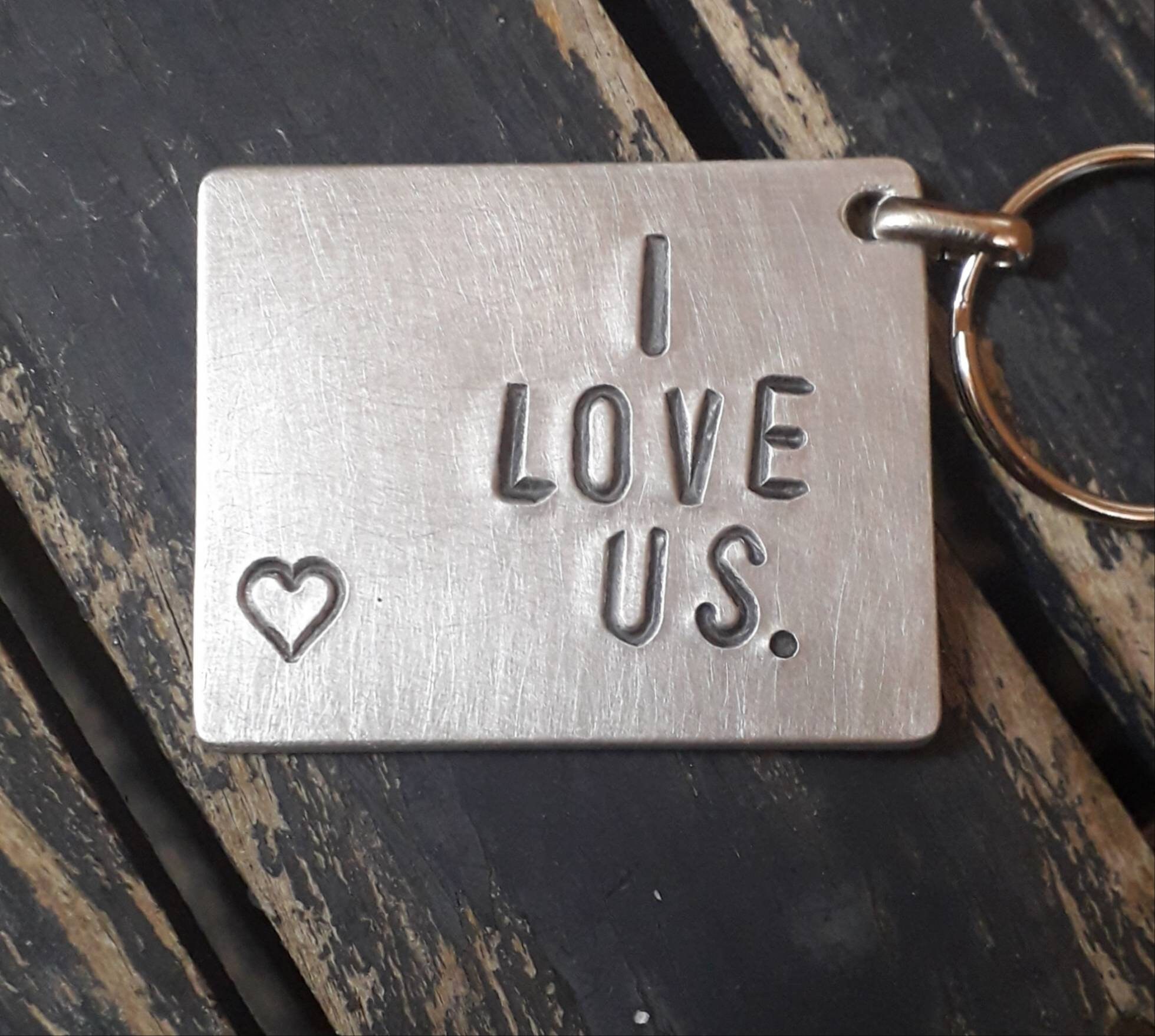 Hand stamped silver keychain-i love us-keychain for lovers | Etsy