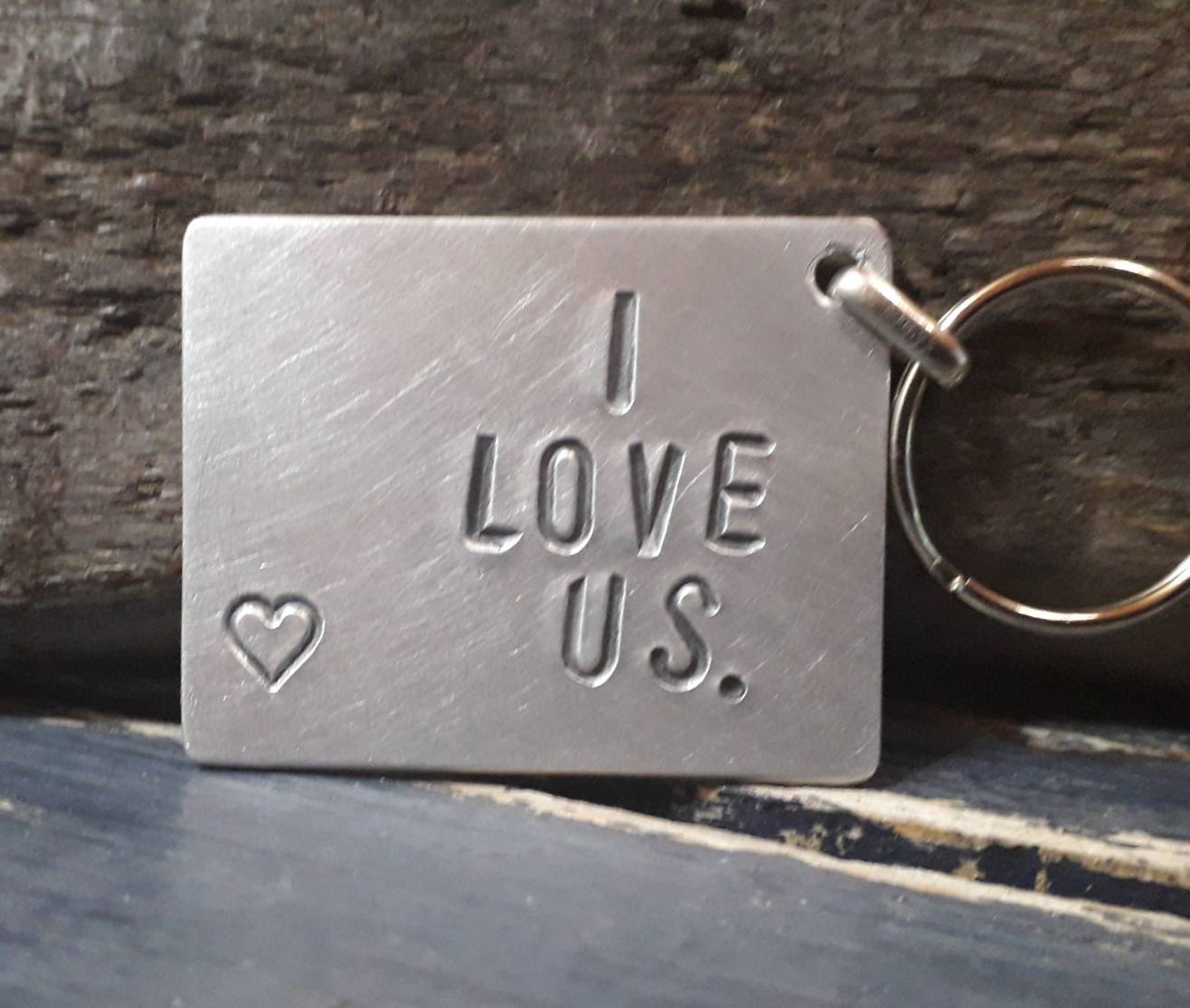 Hand stamped silver keychain-i love us-keychain for lovers | Etsy