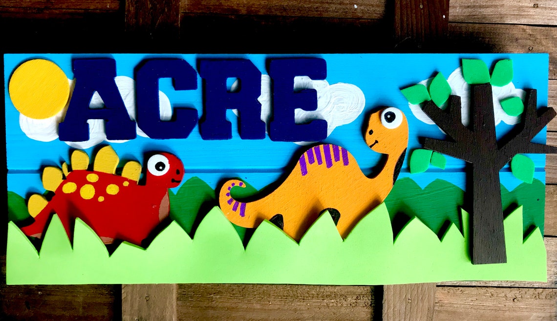 Dinosaur Hand Painted Wooden Kids Name Plate Toddler Kids | Etsy