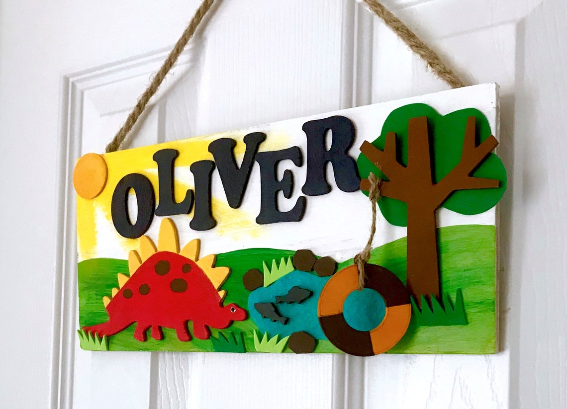 Dinosaur Hand Painted Wooden Kids Name Plate Toddler Kids | Etsy