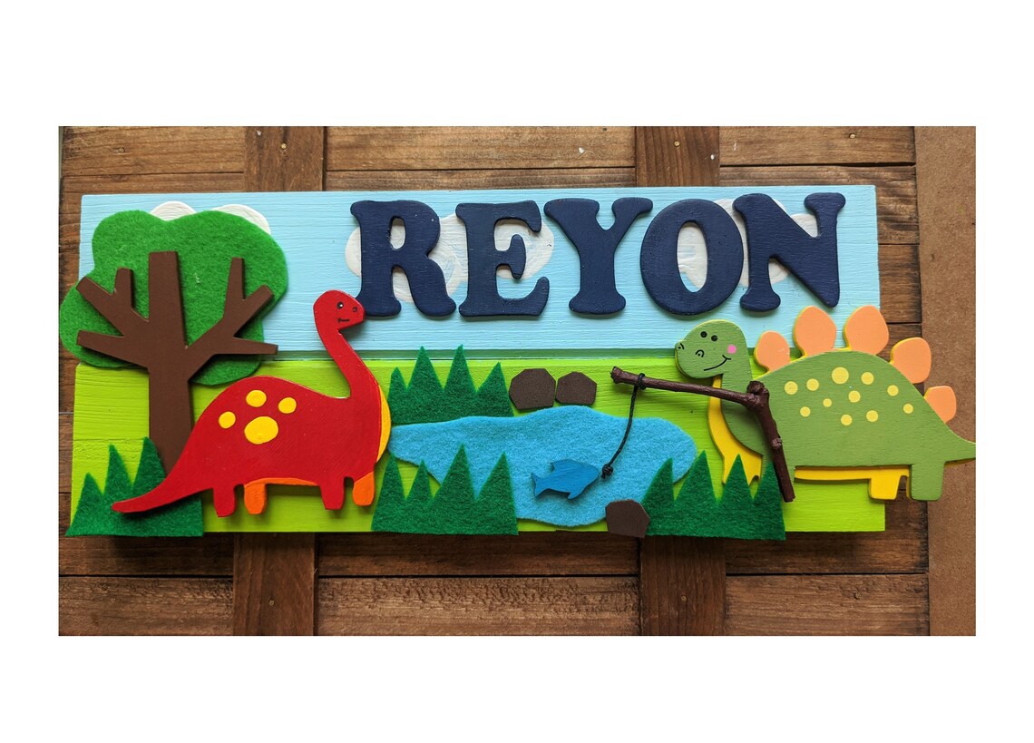 Dinosaur Hand Painted Wooden Kids Name Plate Toddler Kids | Etsy