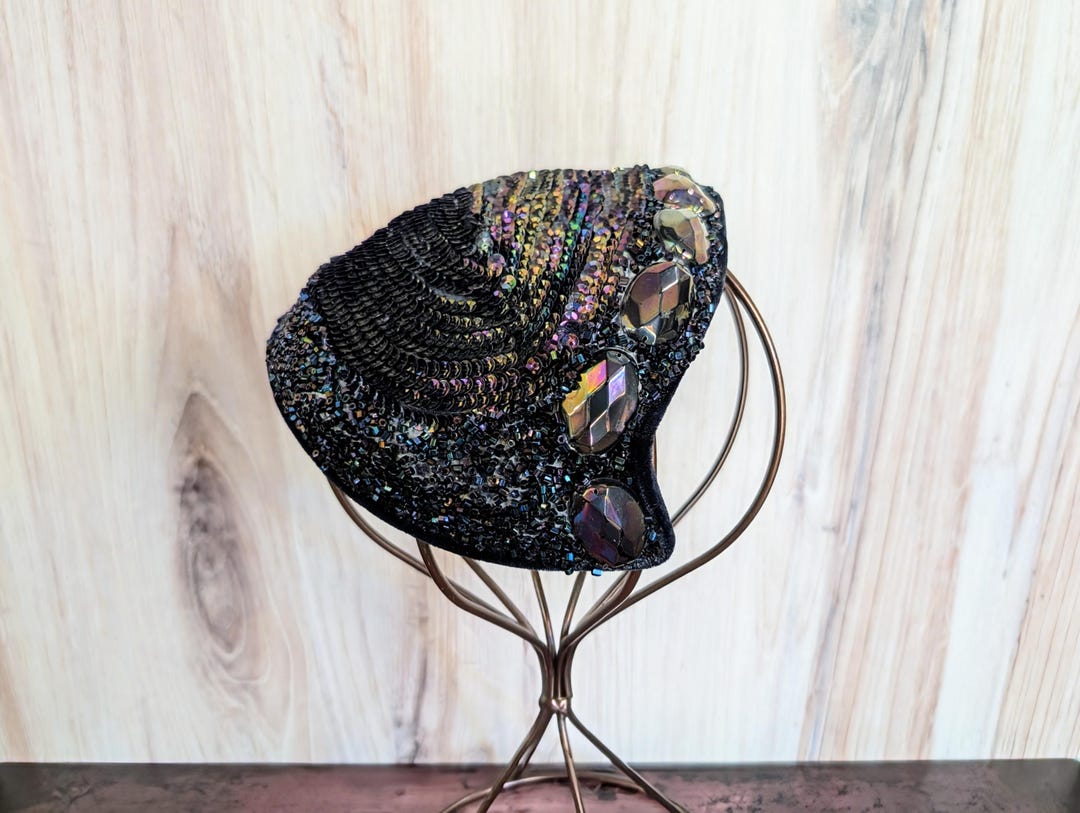 Navy Blue AB Sequined and Beaded Half Hat Caplet, Vintage Small Hat - Etsy