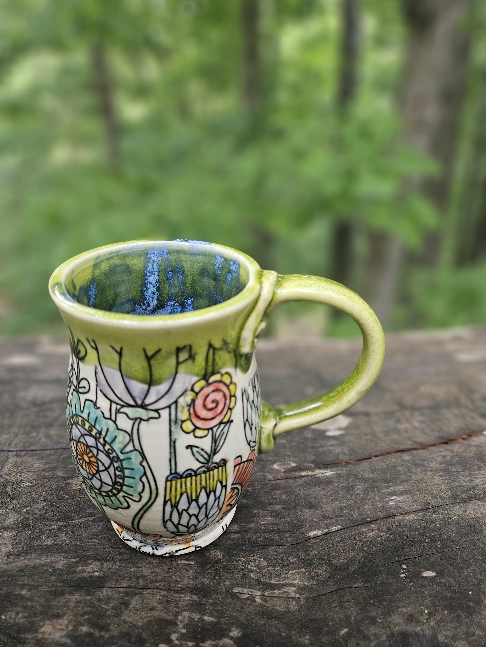 Handmade Stoneware Mug, Floral Pattern, Drippy Glaze, Unique Drinkware ...