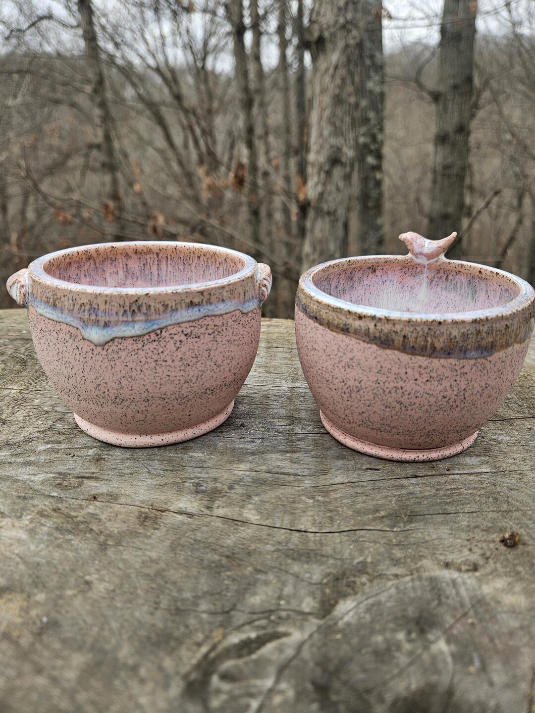 Set of 2 Handmade Pottery Pink Planter, Bird Pottery, Flower Pot ...