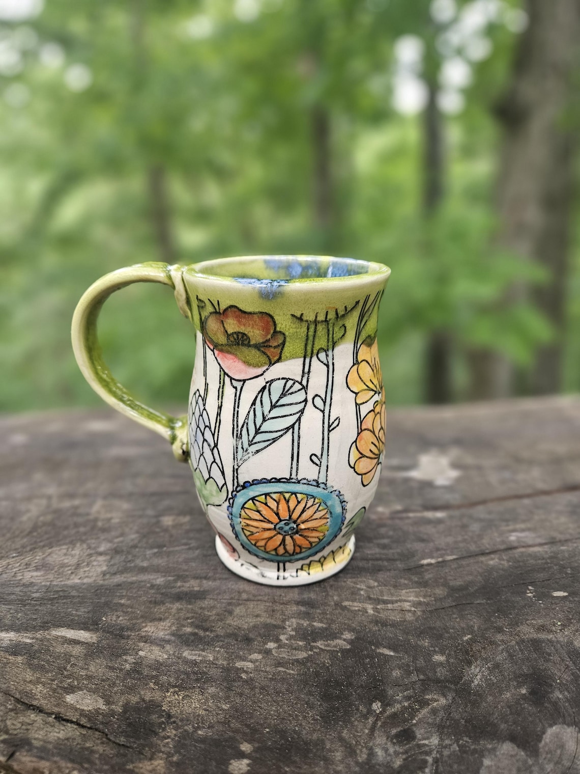 Handmade Stoneware Mug, Floral Pattern, Drippy Glaze, Unique Drinkware ...