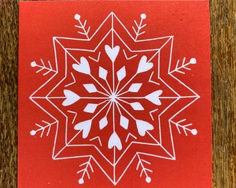 Christmas Snowflake Card, Lino Print Card, Red & Cream. Blank. - Etsy