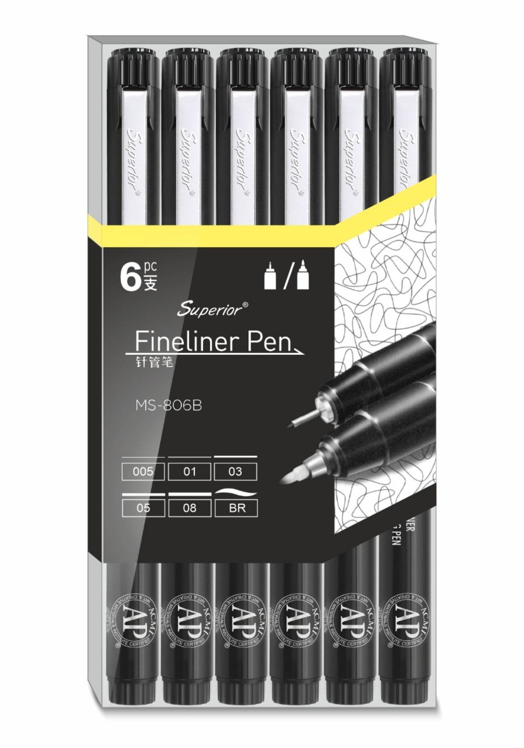 Drawing Pens Set Black Fineliner Pens Set of 6 Waterproof Including ...