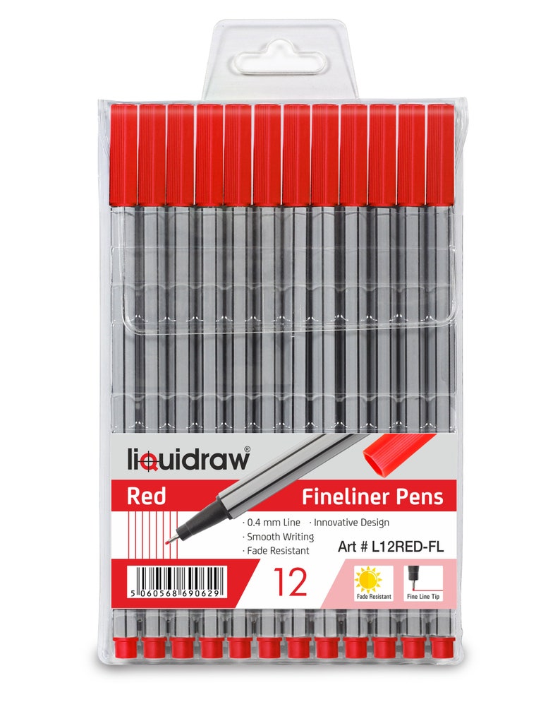 12 RED Fineliner Pens Set Fine Point Pens 0.4mm Fineliners Red Coloured ...