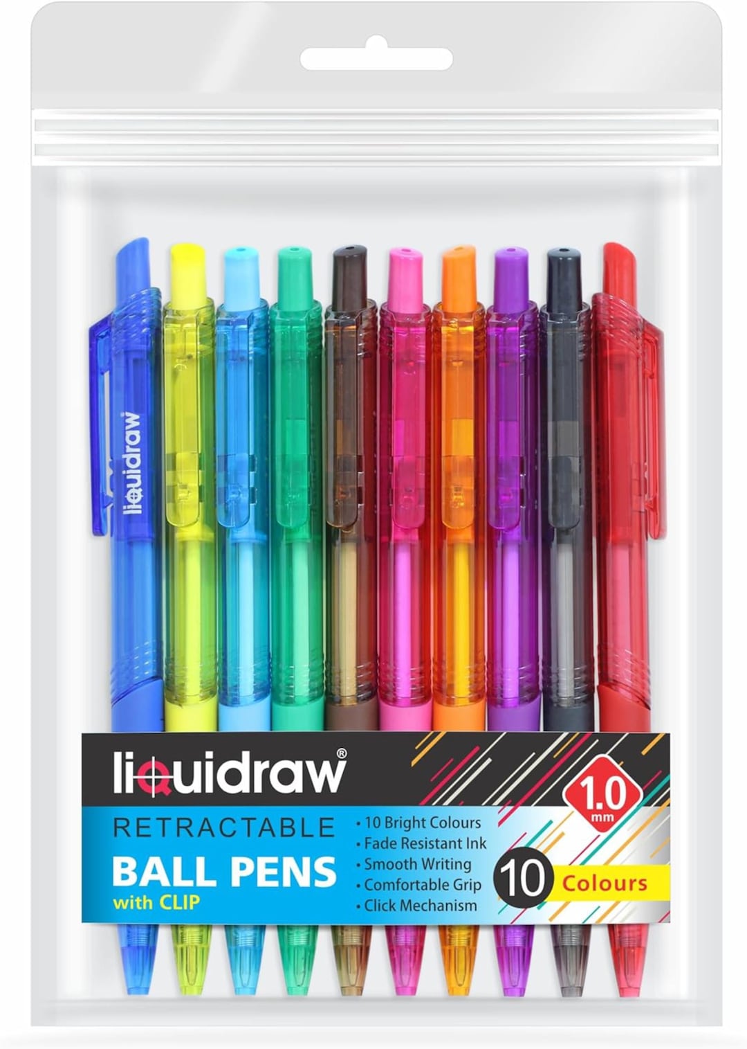 Retractable Ballpoint Pens Set of 10 Assorted Colours Multicolour Ball ...