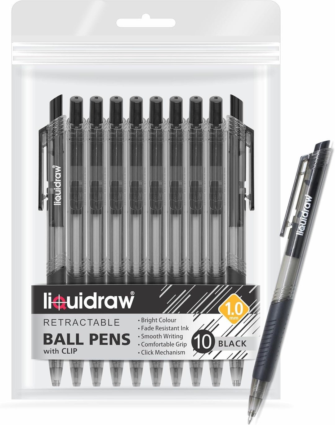 Liquidraw Ballpoint Black Pen Set of 10 Retractable Ball Pens Medium ...
