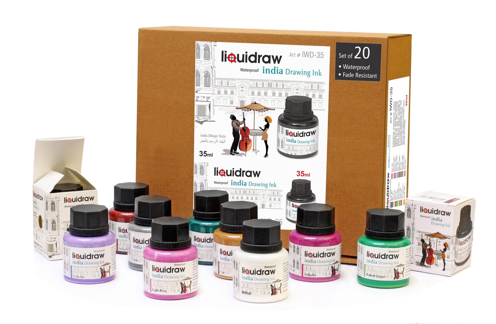 Liquidraw Coloured Drawing Ink Set India Ink, Waterproof, Set of 20 ...