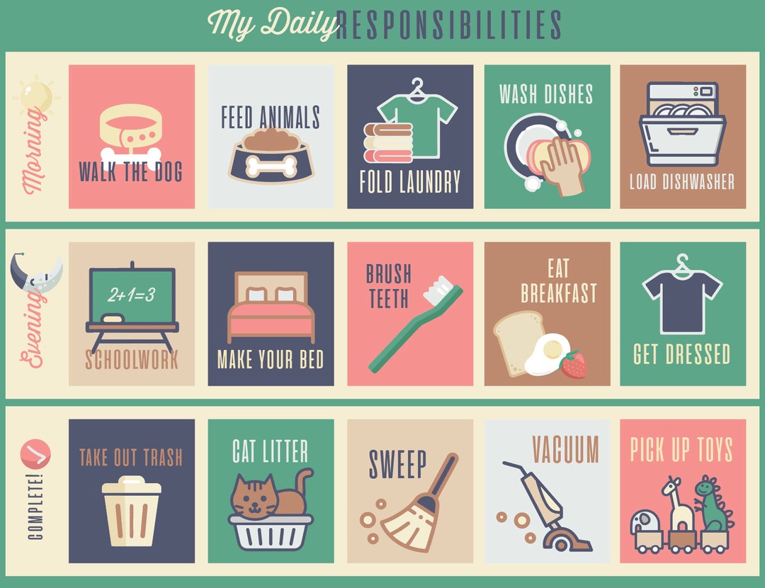 Kids Daily Responsibilities Chart, Printable Daily Routine, Chore Chart ...