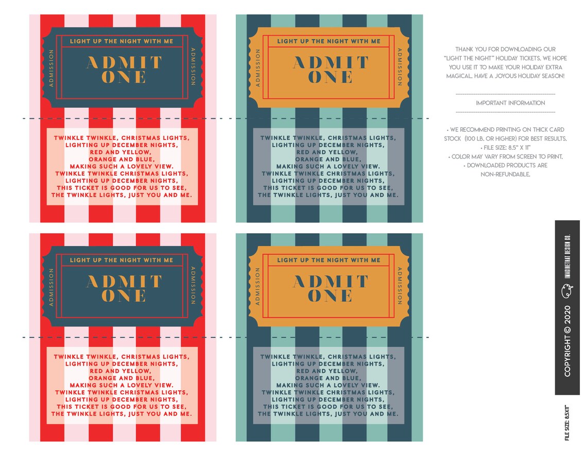 Christmas Holiday Lights Ticket Printable, Christmas Event Ticket ...