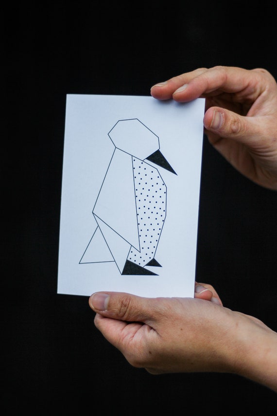 ORIGAMI POSTCARD Penguin/black&white Postcards/minimalistic | Etsy
