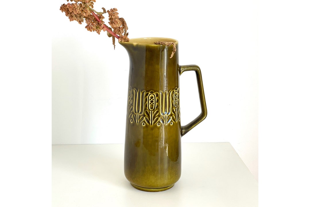 Vintage Hungarian Gránit Ceramic Pitcher – 1960s Olive Green Glaze With ...