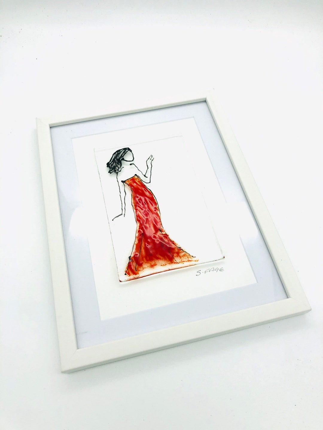Fused Glass Lady, Lady in Red Art, Glass Art, Framed Glass Red Dress ...