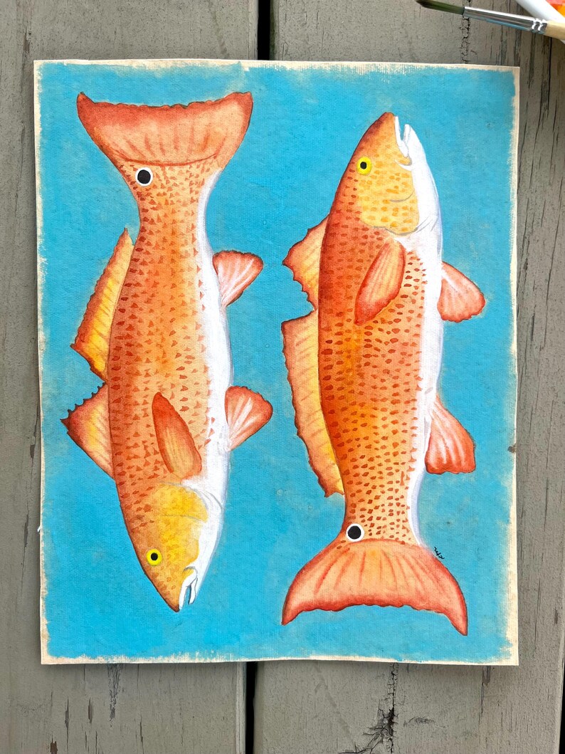 8x10 Original Gouache Redfish on Aqua - Etsy