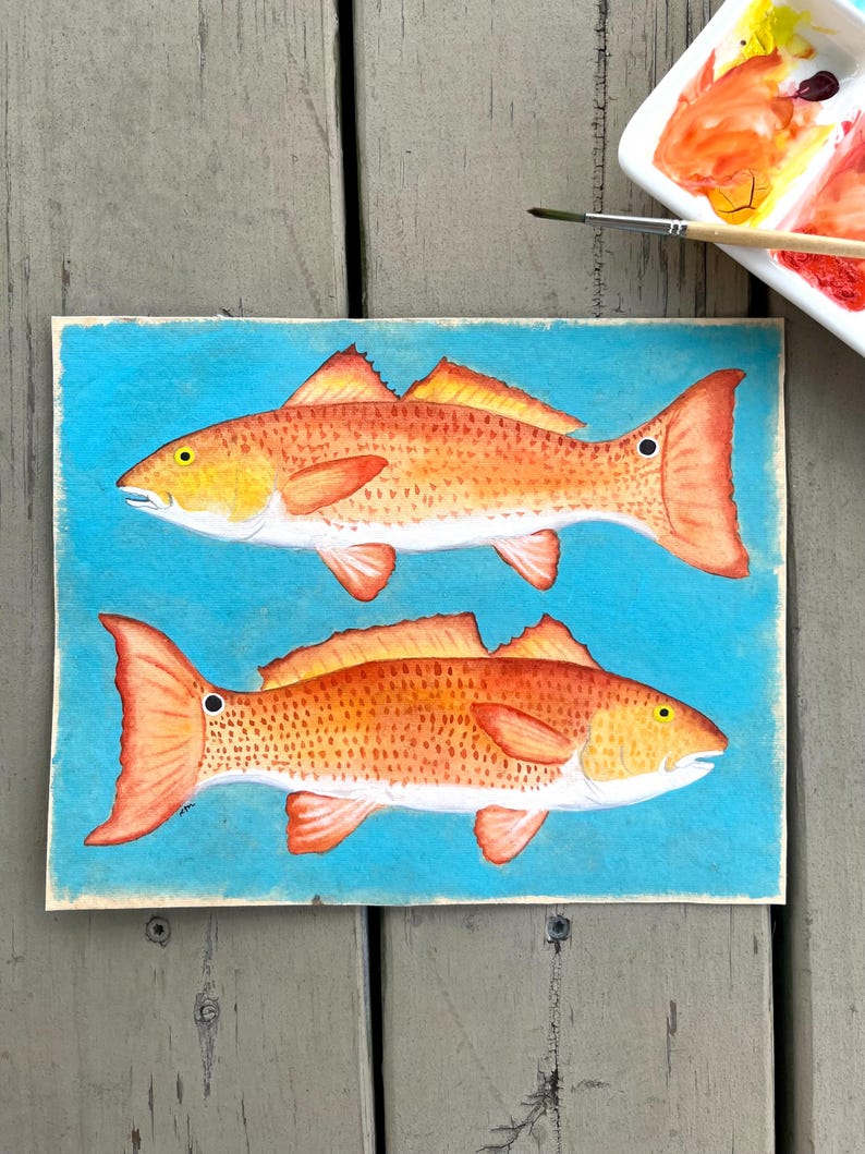 8x10 Original Gouache Redfish on Aqua - Etsy