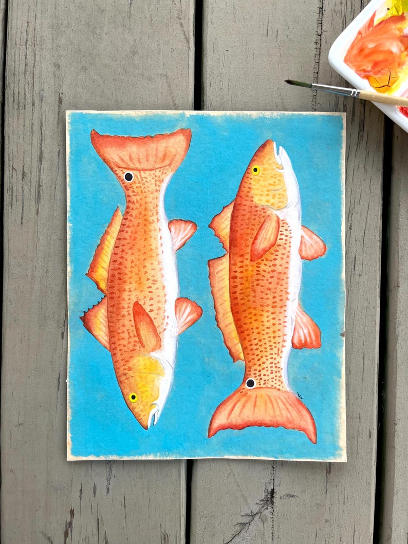 8x10 Original Gouache Redfish on Aqua - Etsy