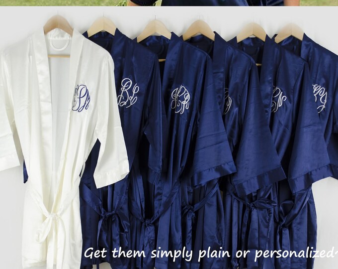 Navy Bridemaids Robe, Set of 6 Robes, Solid Satin, Satin Silk Robe ...