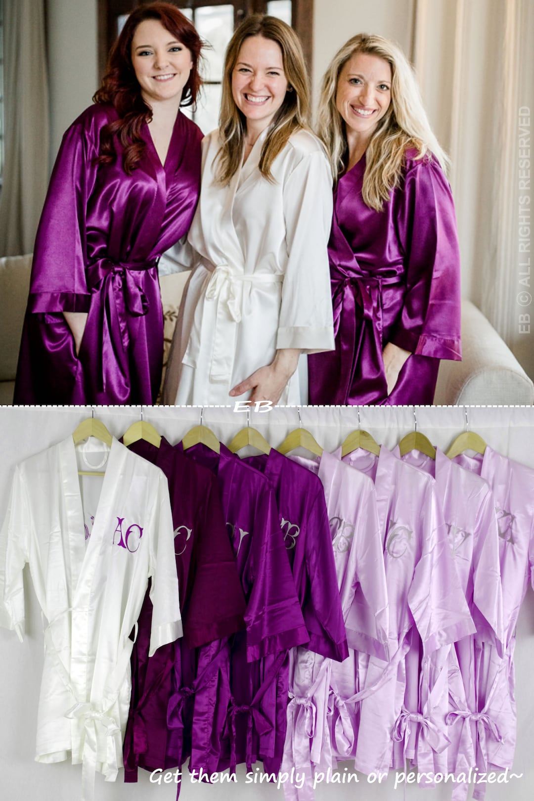 Purple Bridesmaid Robes, Set of 2 Plain Satin Robe, Monogrammed Robes ...