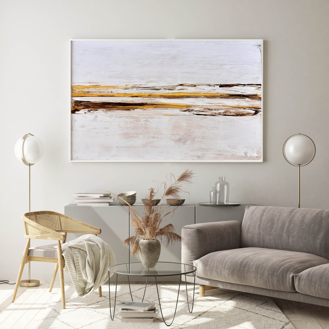 Gold Wall Art Large, White Gold Painting, Minimalist Wall Art Gold ...