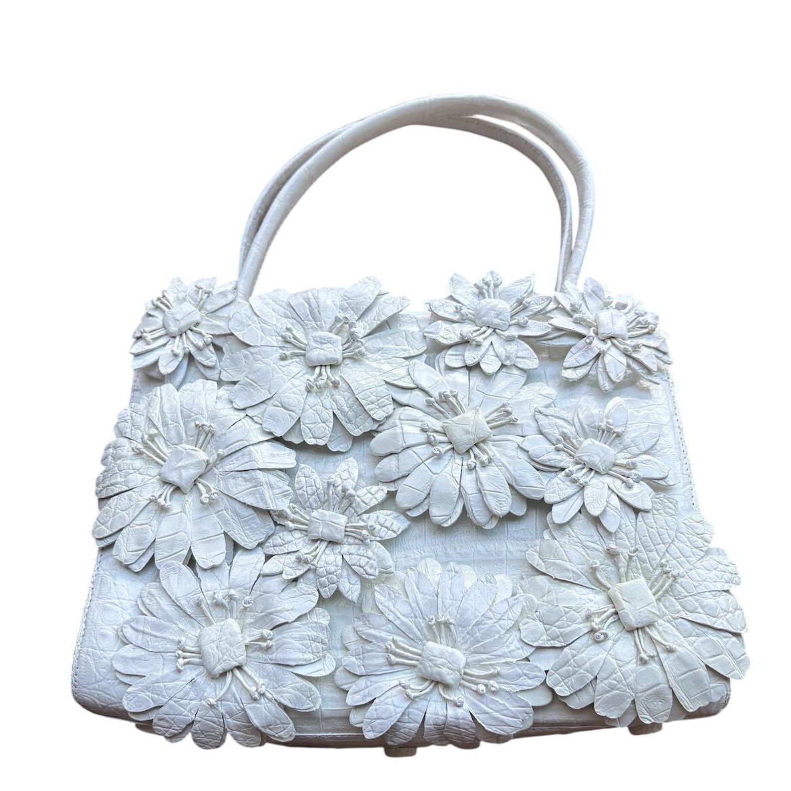 Nancy Gonzalez White Crocodile Leather Floral Handbag – NWT, Never Worn ...