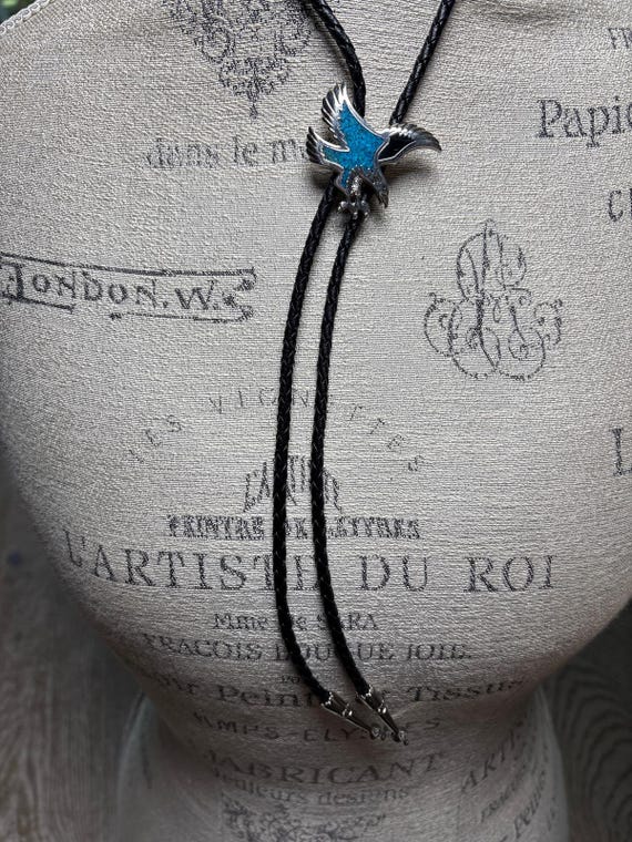 Unisex Eagle Bolo Tie Turquoise Inlay Braided Leather… - Gem