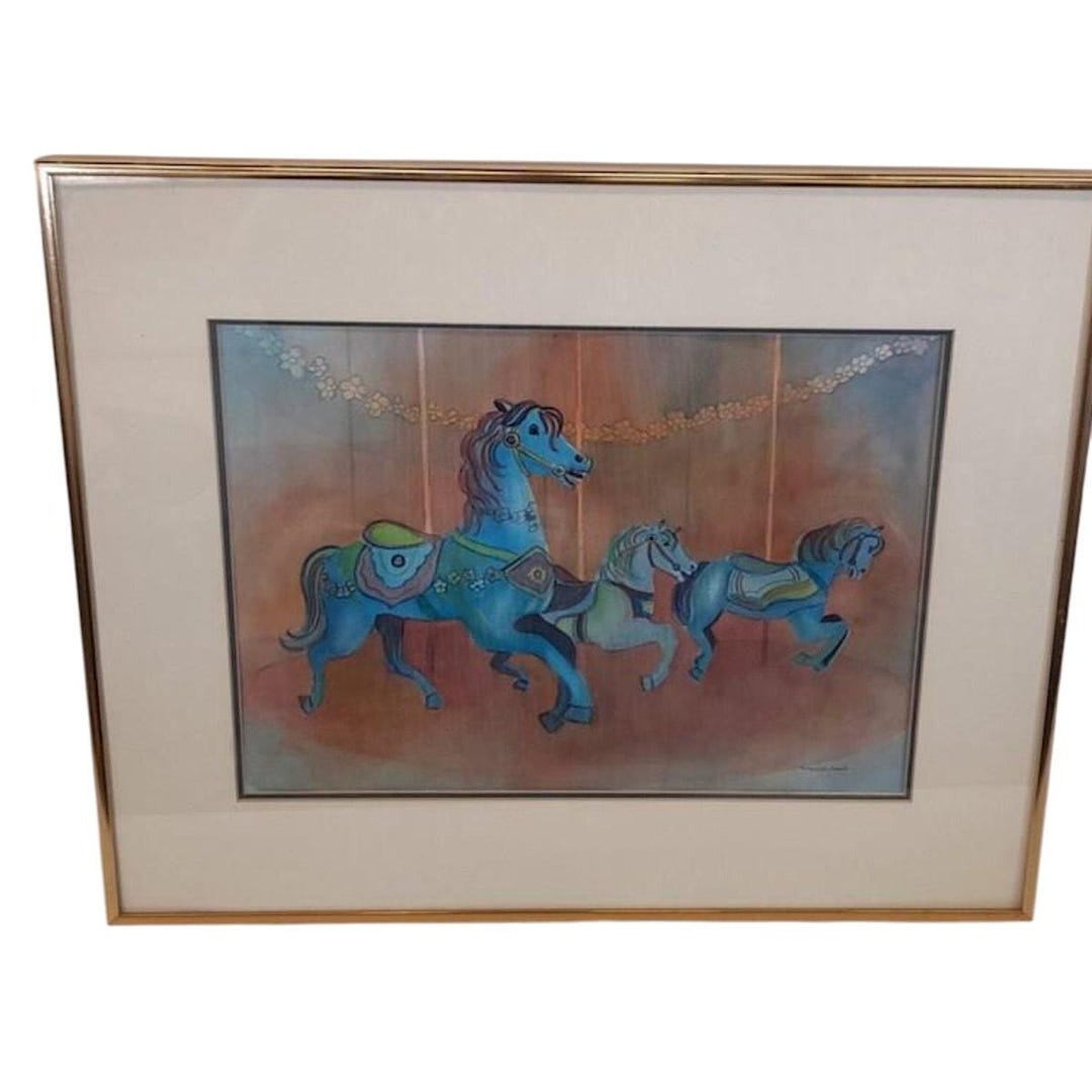 Vintage Marguerite Moore Signed Watercolor Painting "carousel Horses #6 ...