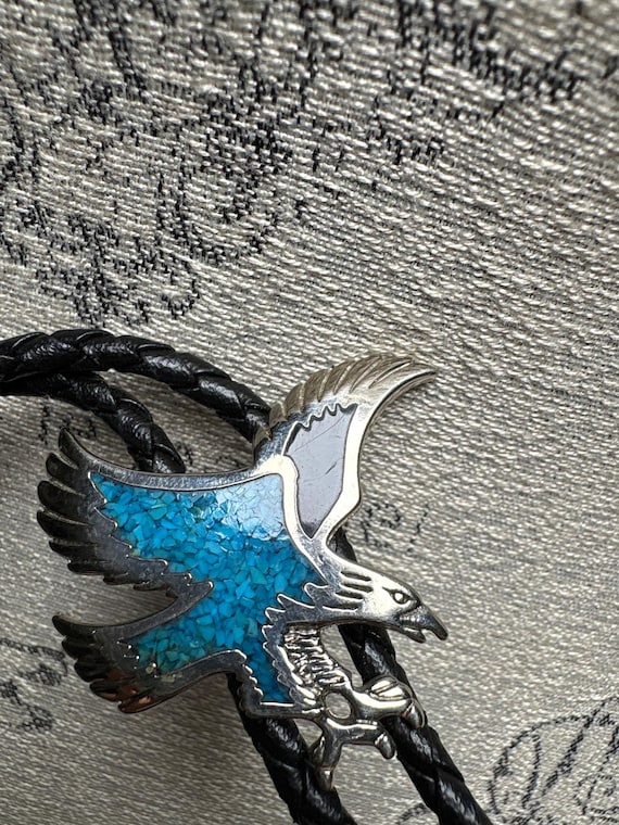 Unisex Eagle Bolo Tie Turquoise Inlay Braided Leather… - Gem